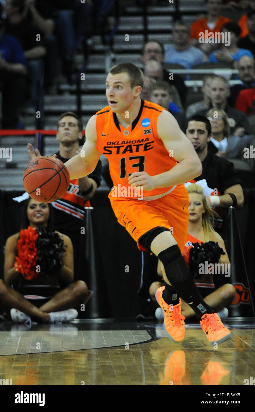 March 20, 2015: Oklahoma State Cowboys guard Phil Forte III (13) brings ...