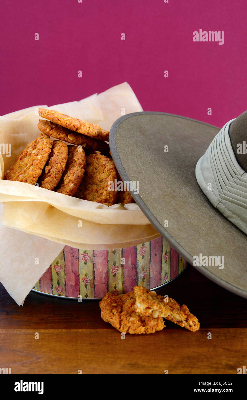 Australian Anzac biscuits in vintage biscuit tin with army soldier ...