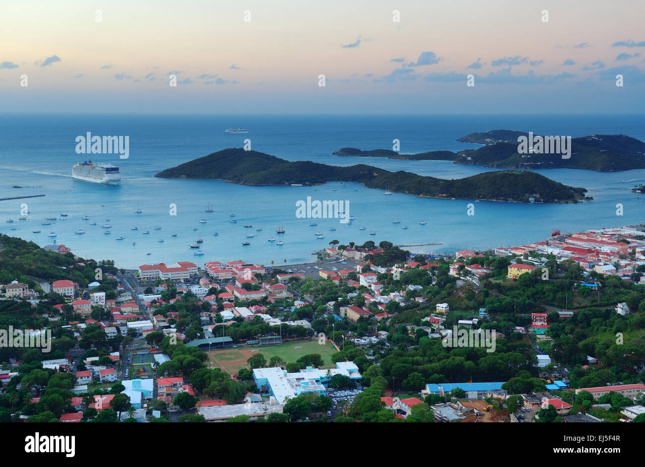 Virgin Islands St Thomas sunrise with colorful cloud, buildings and ...