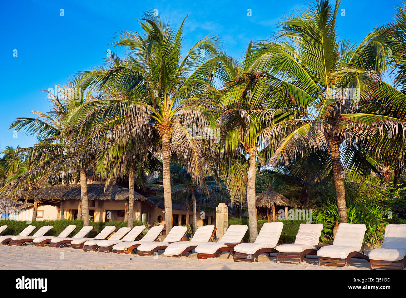 Lounge chairs on the beach. Mui Ne, Binh Thuan Province, Vietnam Stock ...