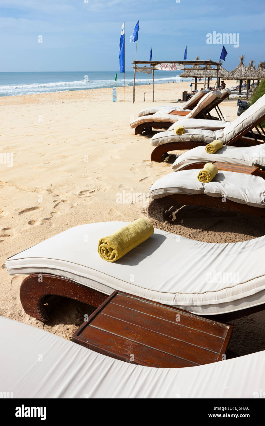 Lounge chairs on the beach. Mui Ne, Binh Thuan Province, Vietnam Stock ...