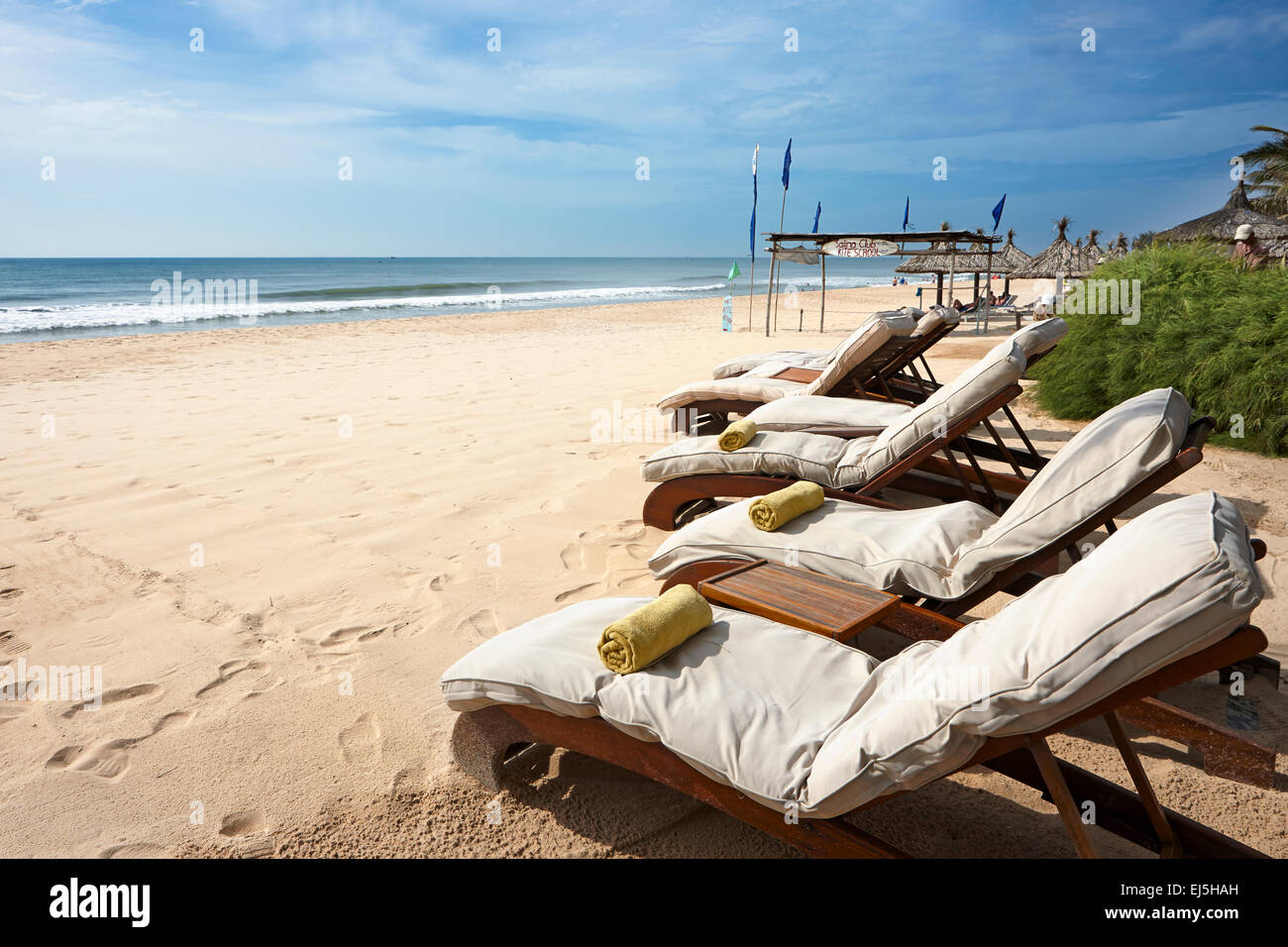 Lounge chairs on the beach. Mui Ne, Binh Thuan Province, Vietnam Stock ...