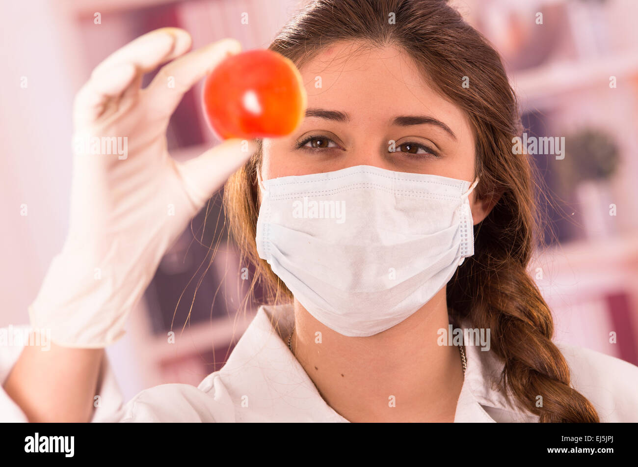 young beautiful woman biologist experimenting with tomato Stock Photo ...