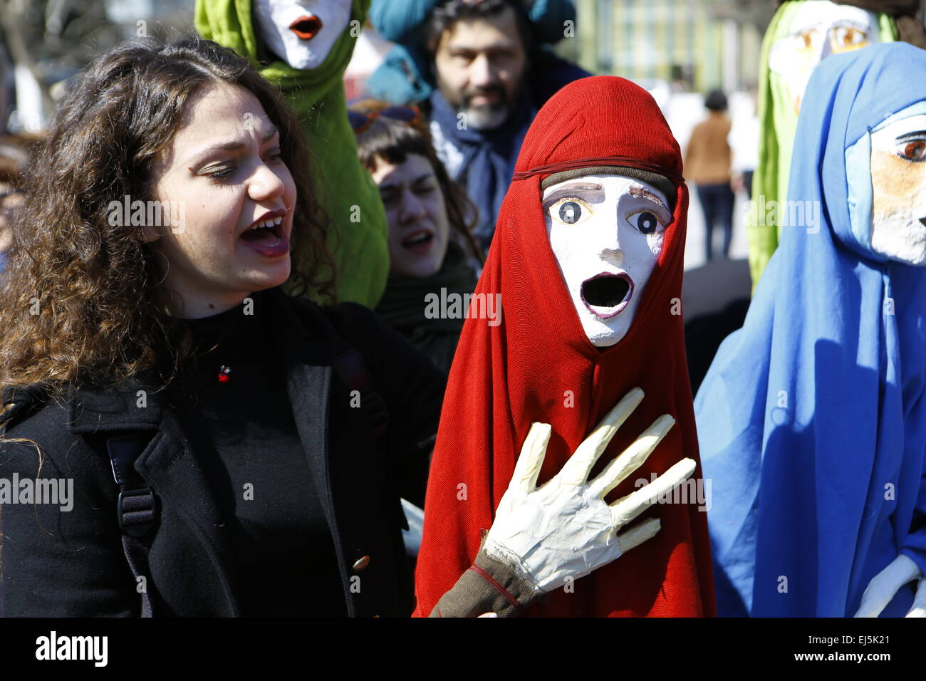 Athens, Greece. 21st Mar, 2015. Puppets perform on Syntagma Square ...