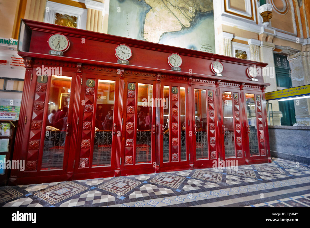 Traditional wood-panelled telephone booths in Saigon Central Post ...