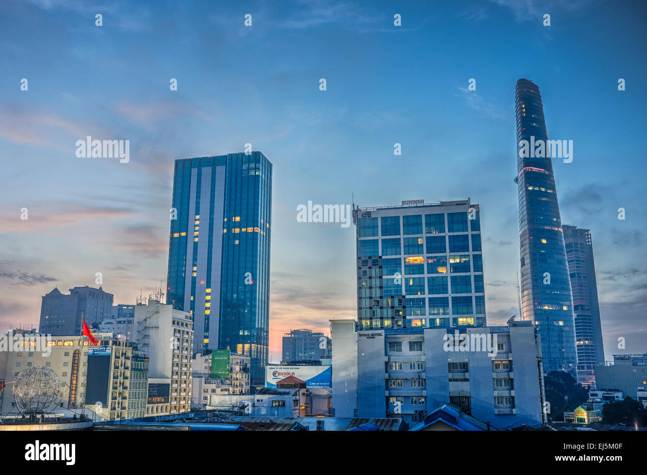 Elevated view of high-rise buildings in District 1 at sunrise. Ho Chi ...