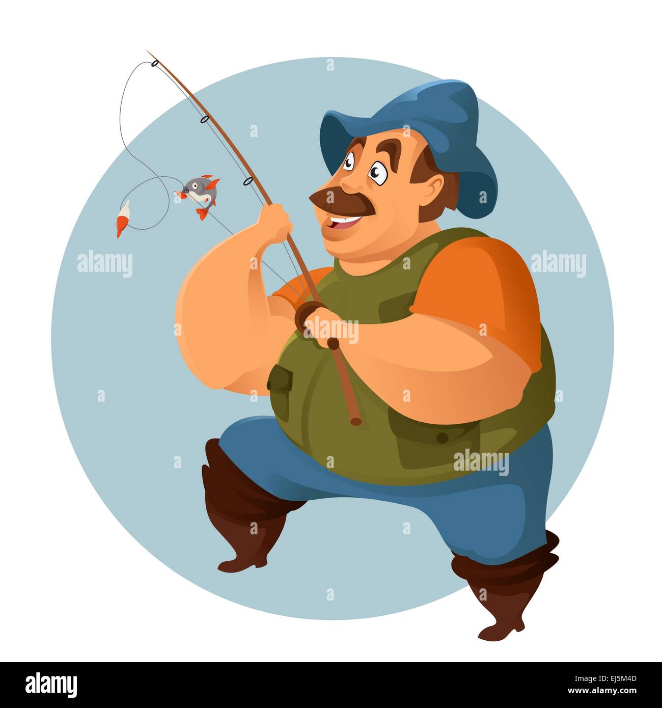 Vector image of fat cartoon smiling fisherman Stock Photo - Alamy