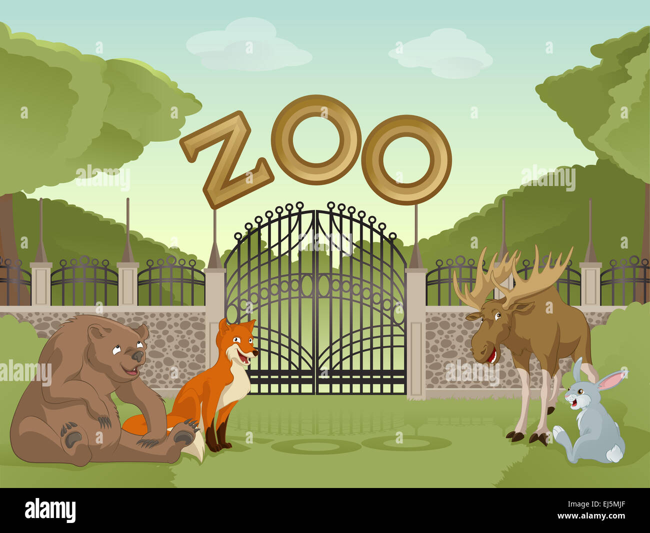 Vector image of cartoon zoo with animals Stock Photo - Alamy