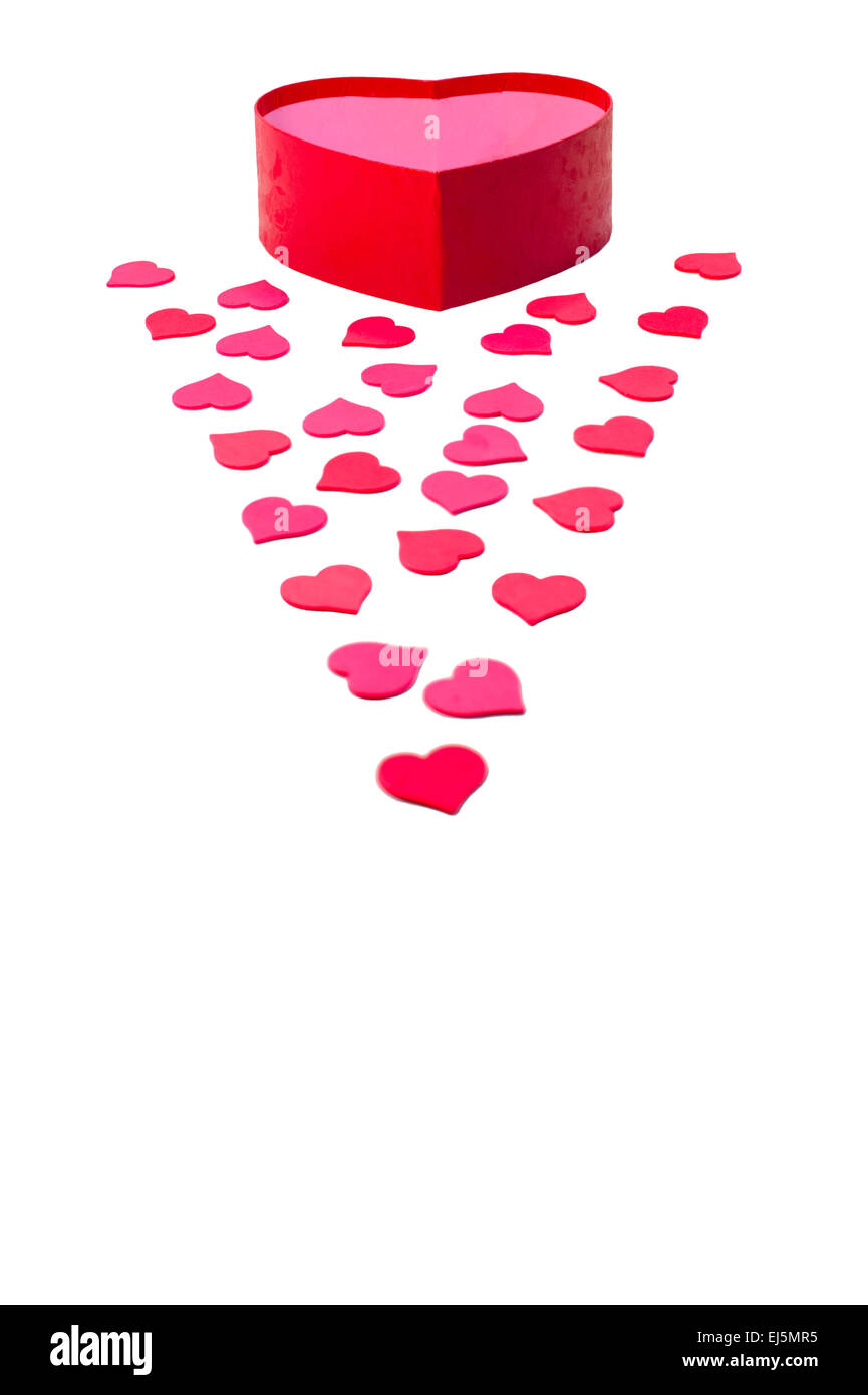 Open gift box with heart-shaped and scattered hearts isolated on white ...
