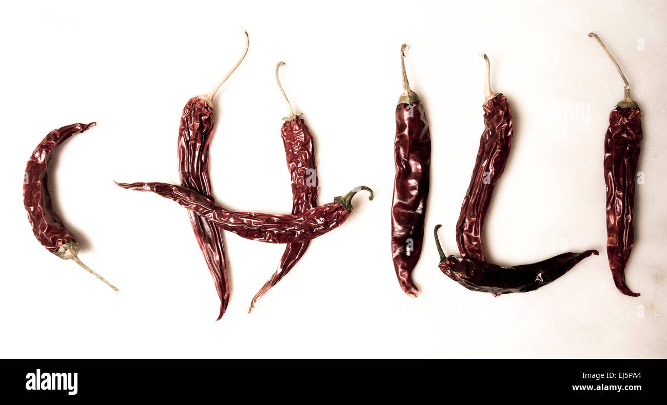 Dried red chill-fruits that forms the word of Chili Stock Photo - Alamy