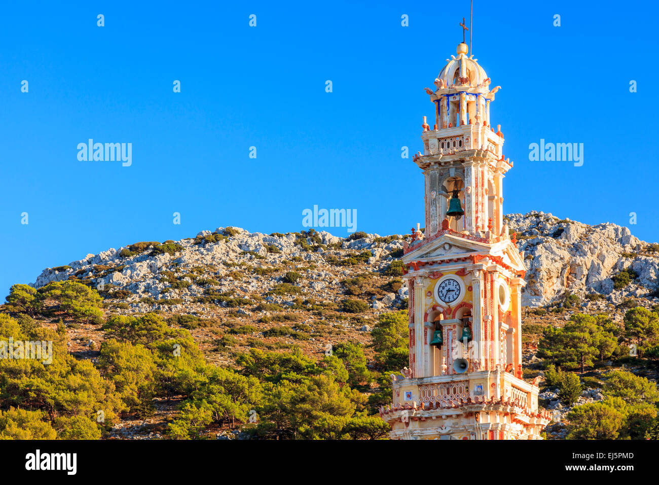 Monastery clock tower at Panormitis on the Island of Symi in the ...