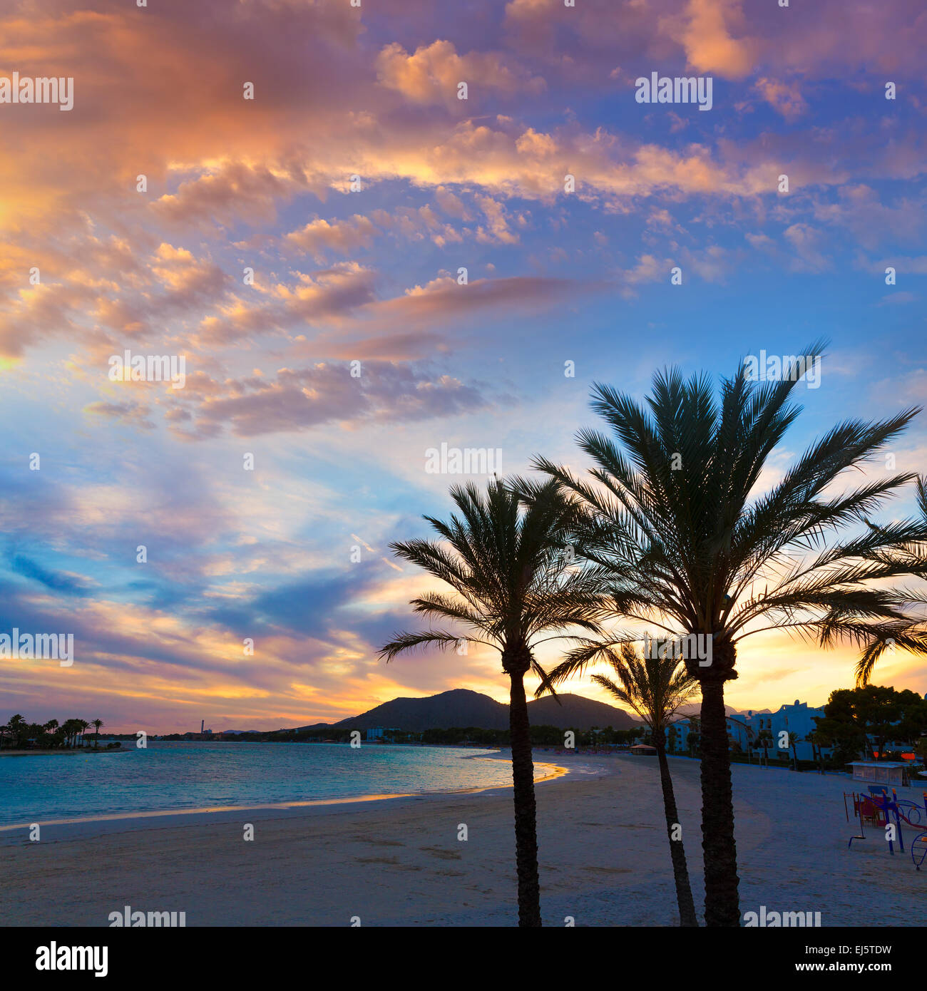 Alcudia Majorca at sunset on the beach Mallorca Balearic islands Stock ...