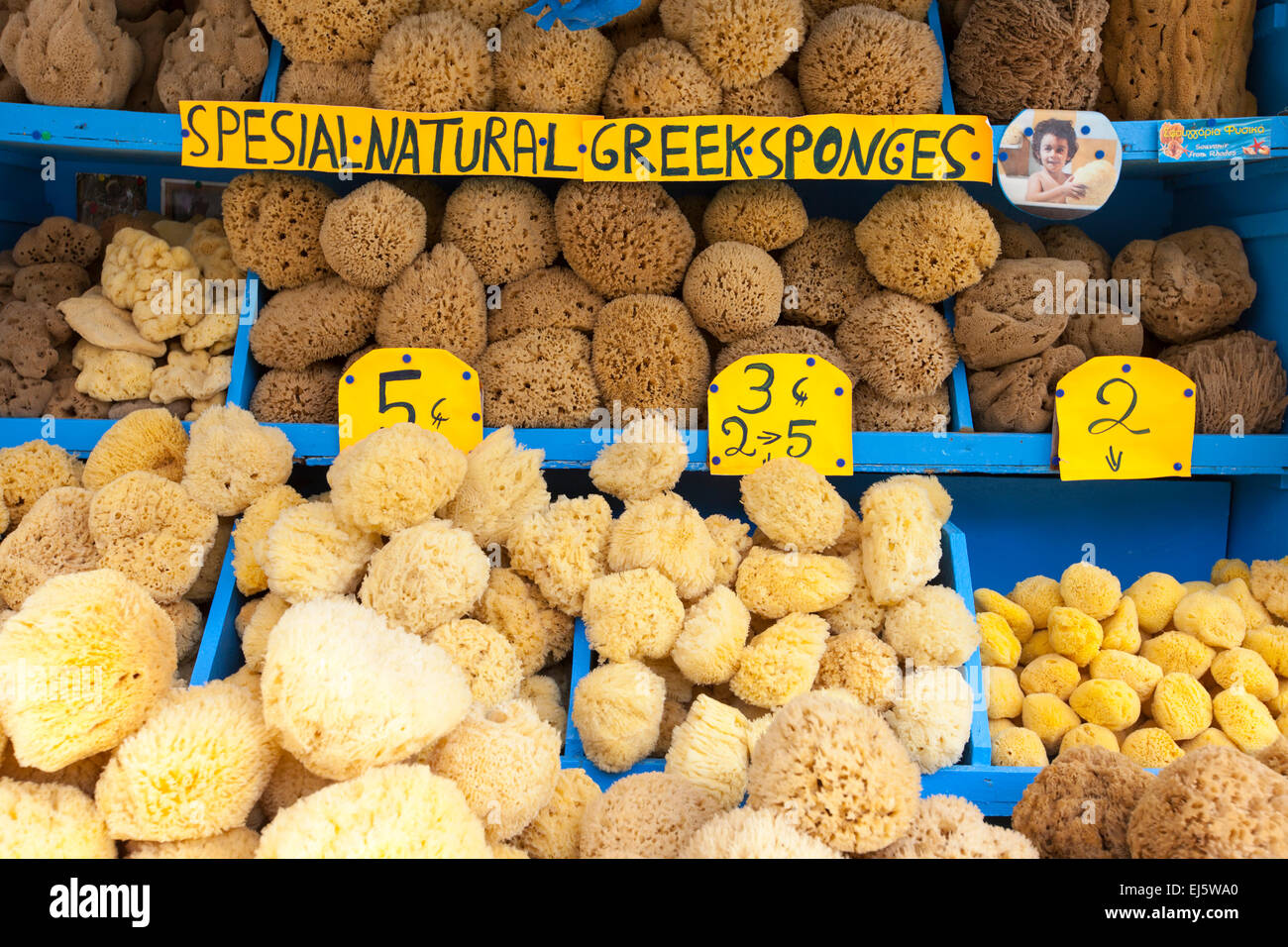 Natural sponge in different shapes on boat stall in Greece Stock Photo ...