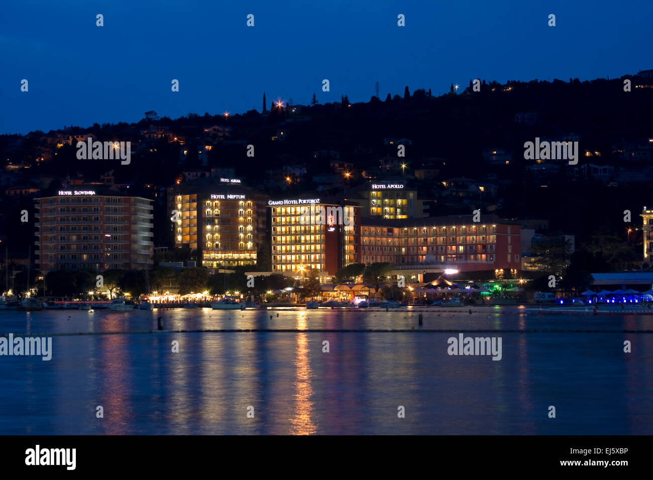 Hotel facilities at night in Portoroz, Istria, Adria, Slovenia, Europe ...