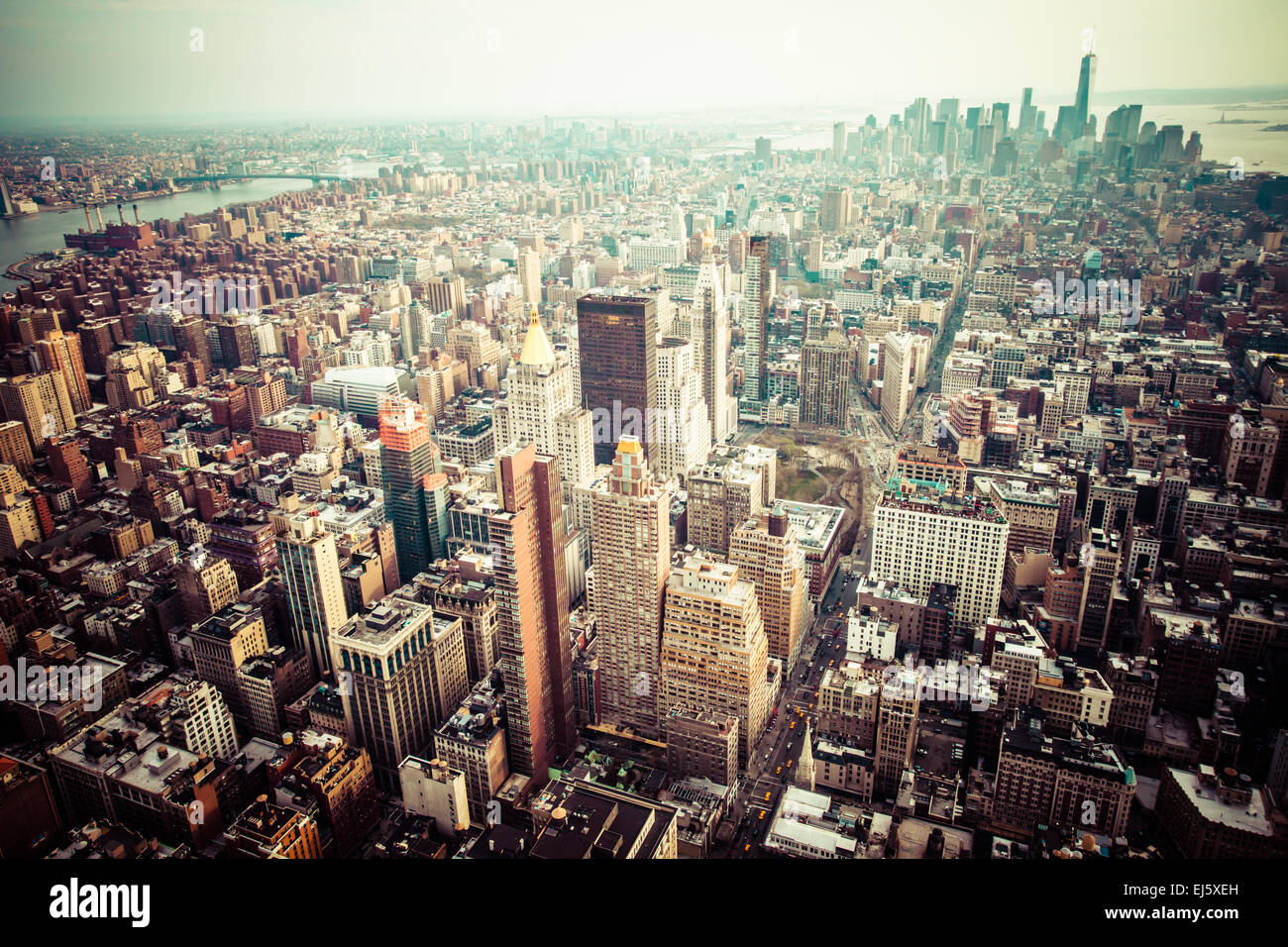 Aerial view of Manhattan skyline at sunset, New York City Stock Photo ...