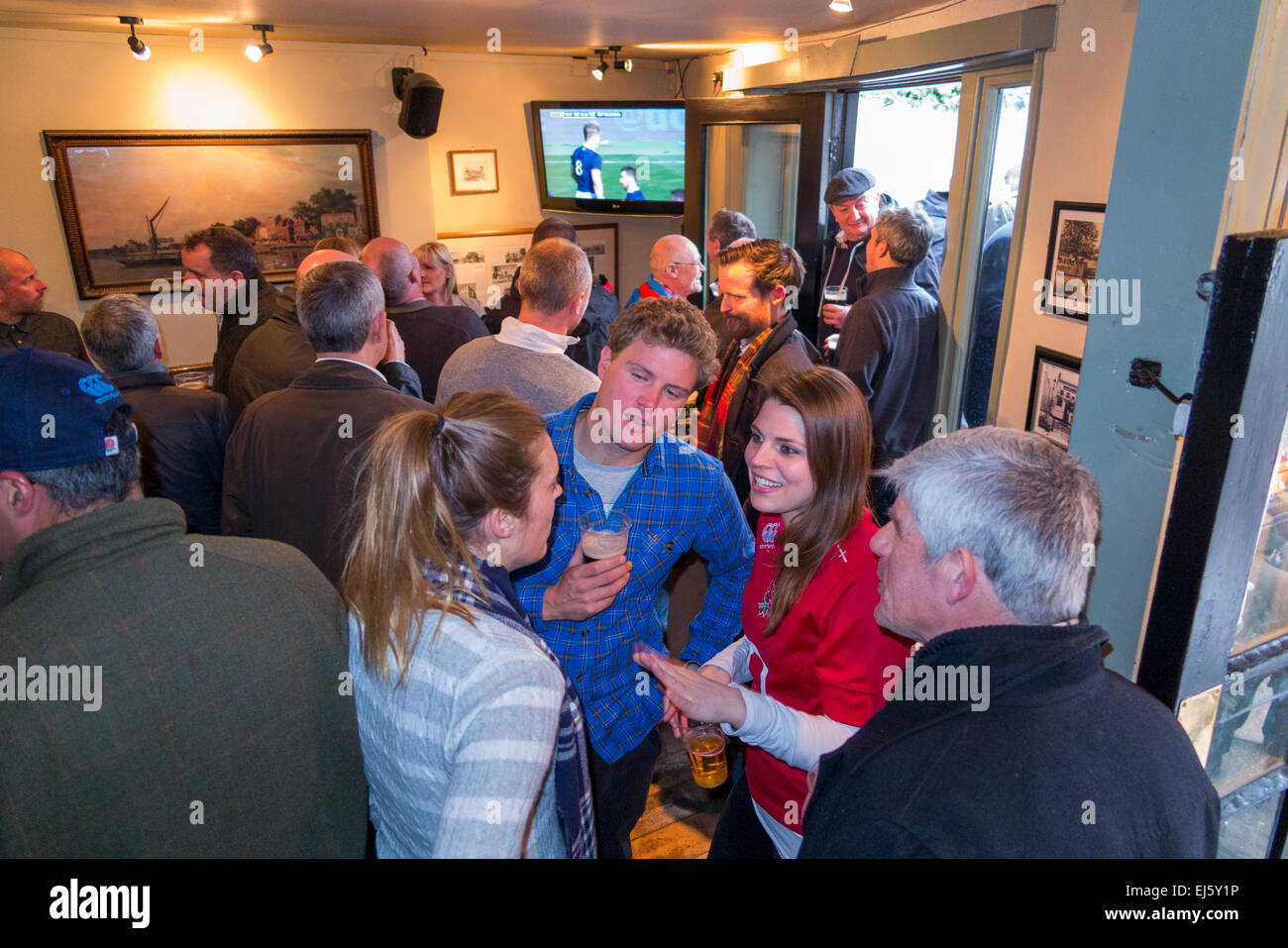 Rugby fans inside The White Swan Pub / in public house / tavern ...