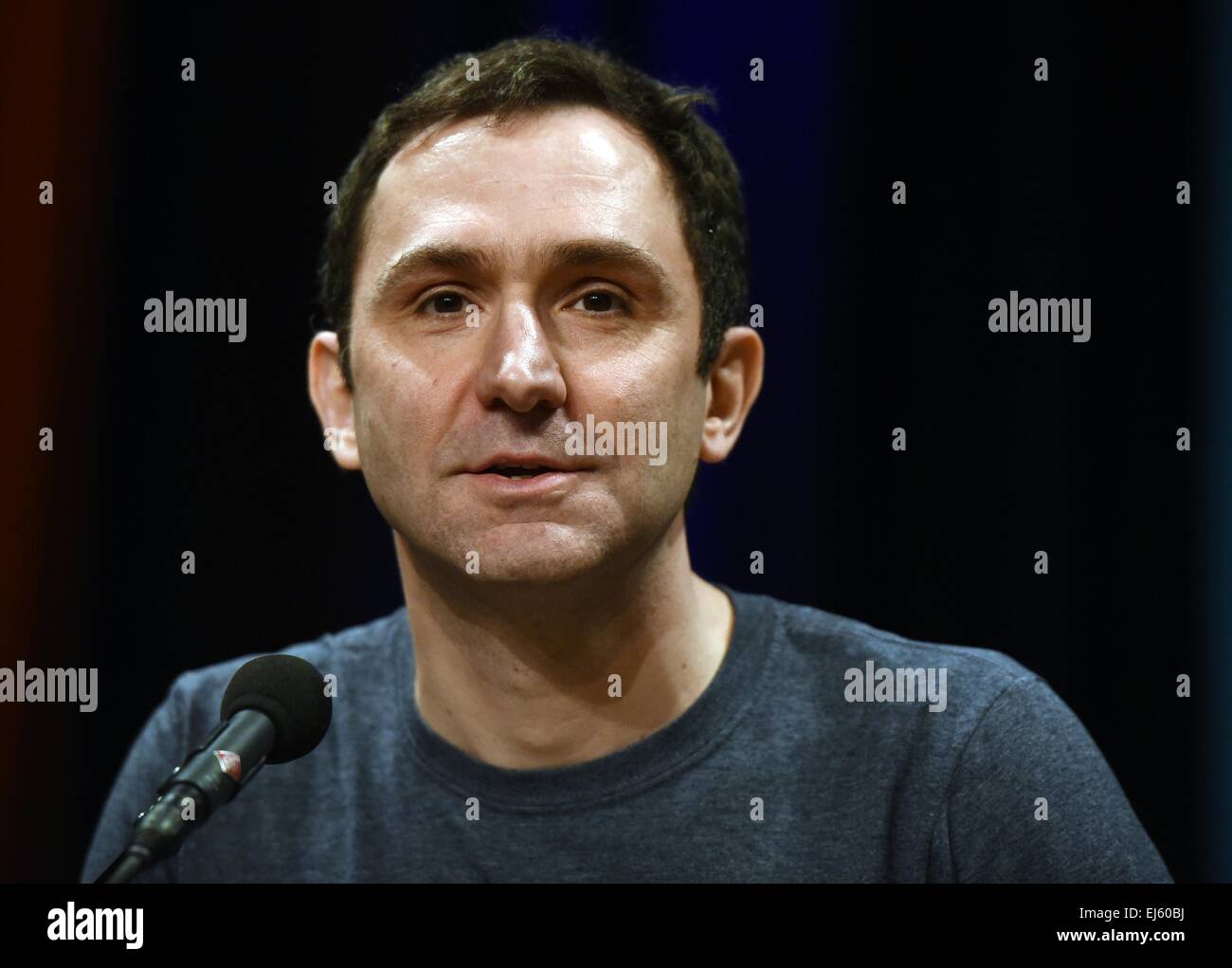 Cologne, Germany. 21st Mar, 2015. British author Jonathan Stroud sits ...