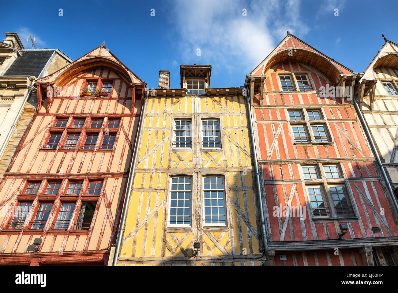 Traditional medieval timber-frame architecture in central square at ...