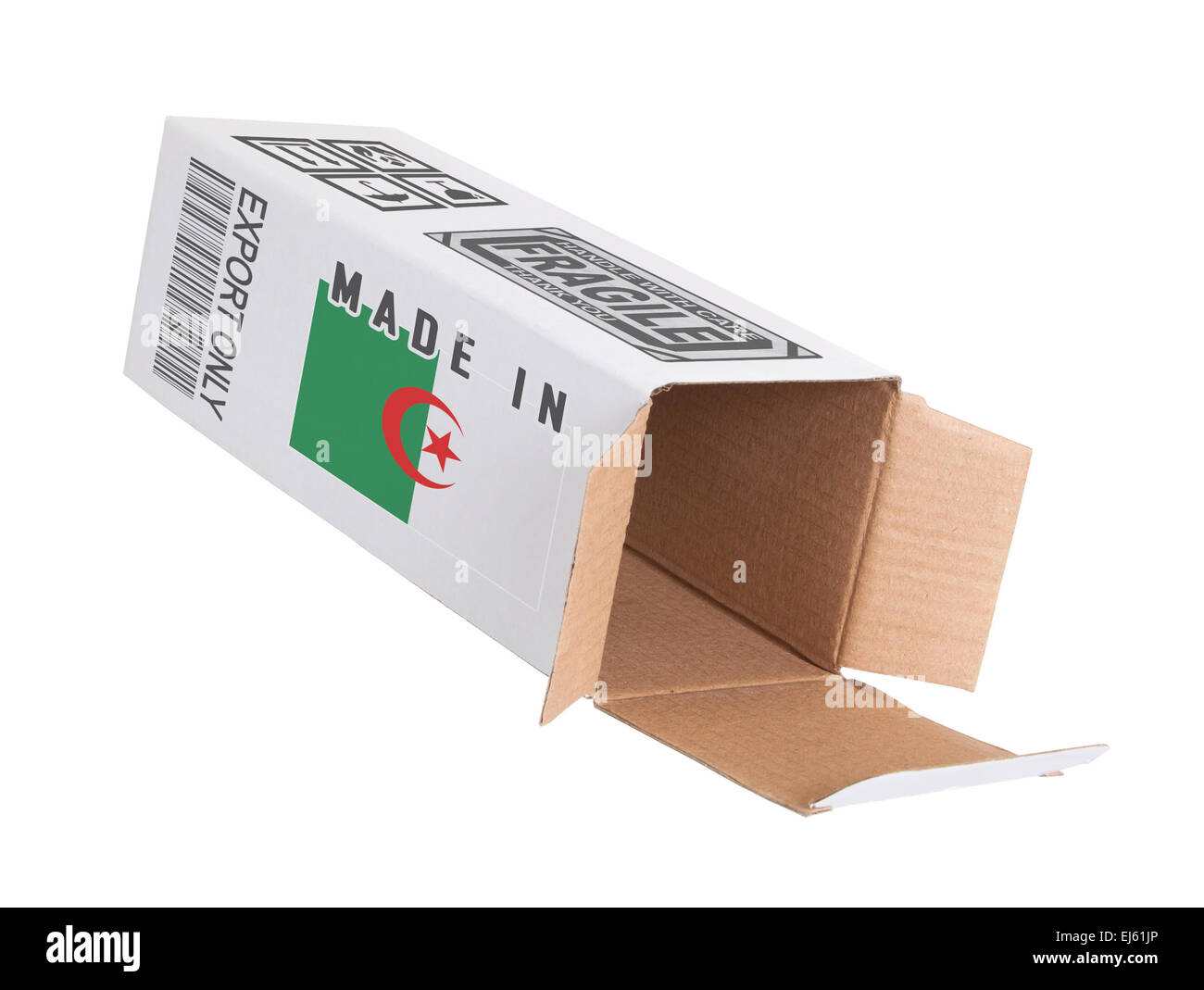 Concept of export, opened paper box - Product of Algeria Stock Photo ...