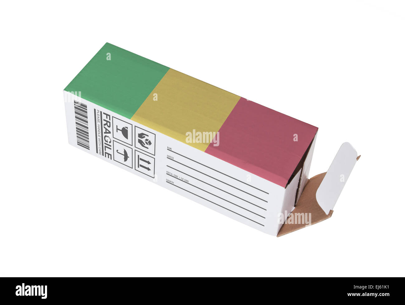 Concept of export, opened paper box - Product of Mali Stock Photo - Alamy