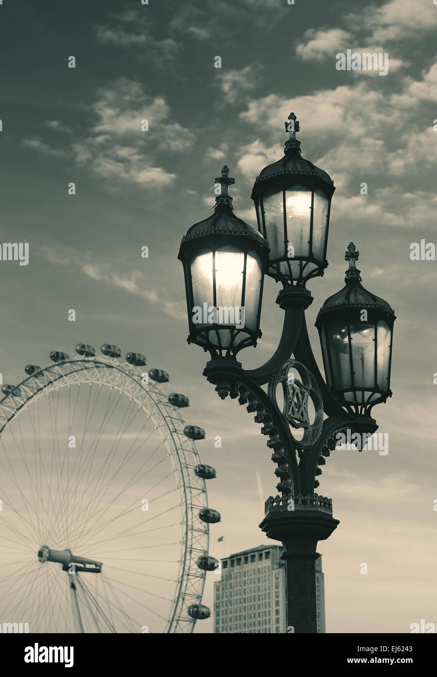 Vintage lamp post on Westminster Bridge in London in black and white ...
