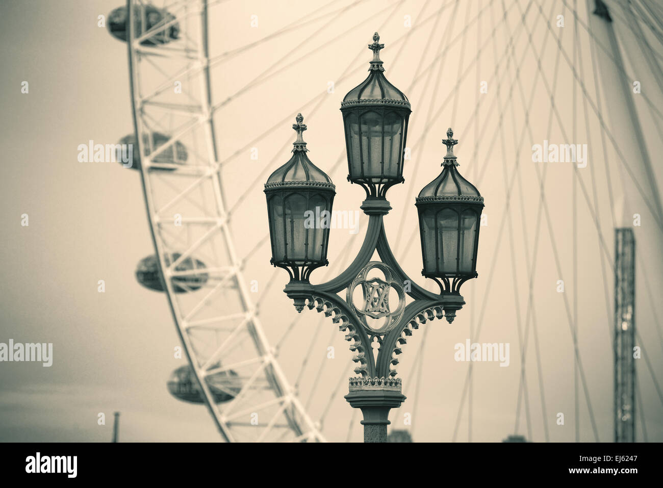 Vintage lamp post on Westminster Bridge in London in black and white ...