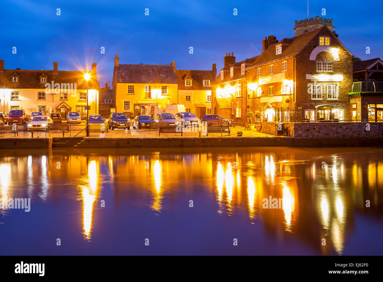 River Frome at night photographed from Wareham Quay Dorset England UK ...