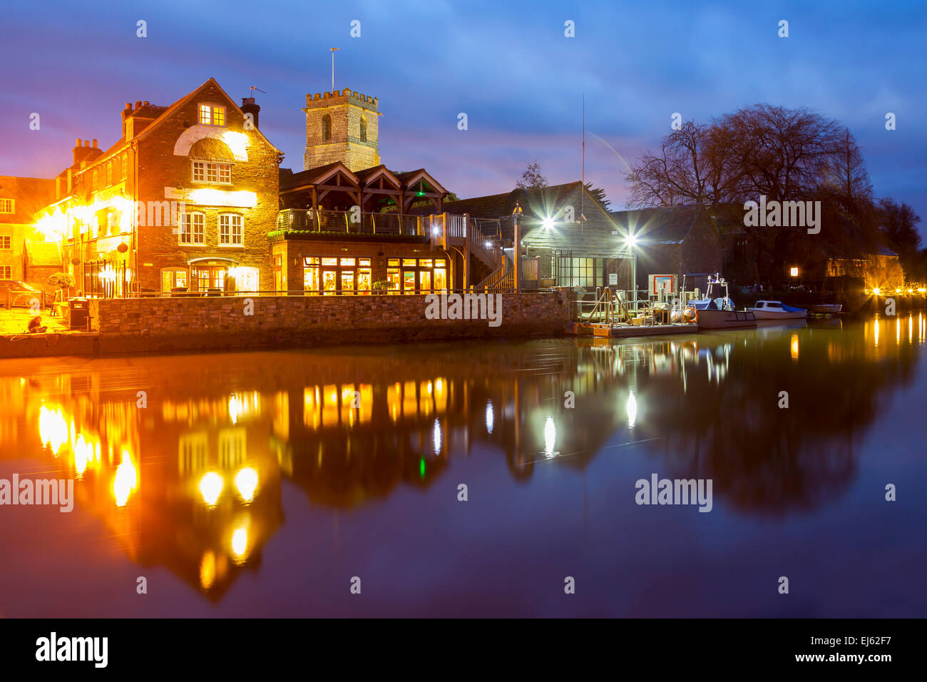 River Frome at night photographed from Wareham Quay Dorset England UK ...