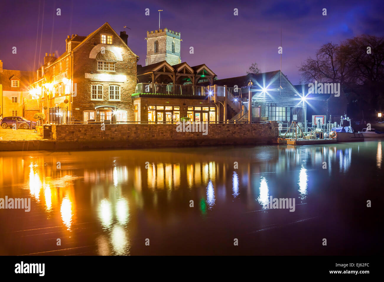 River Frome at night photographed from Wareham Quay Dorset England UK ...