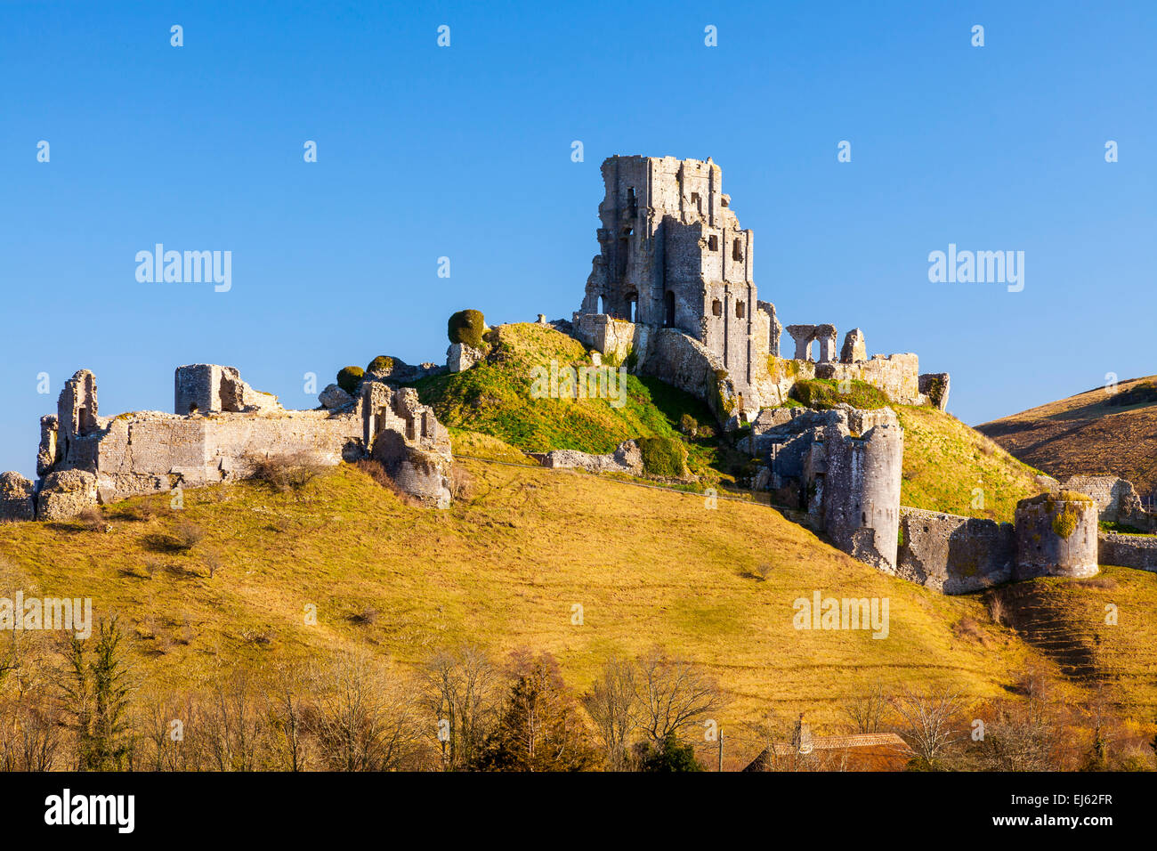 Medieval Corfe Castle in the village of the same name on the Isle Of ...