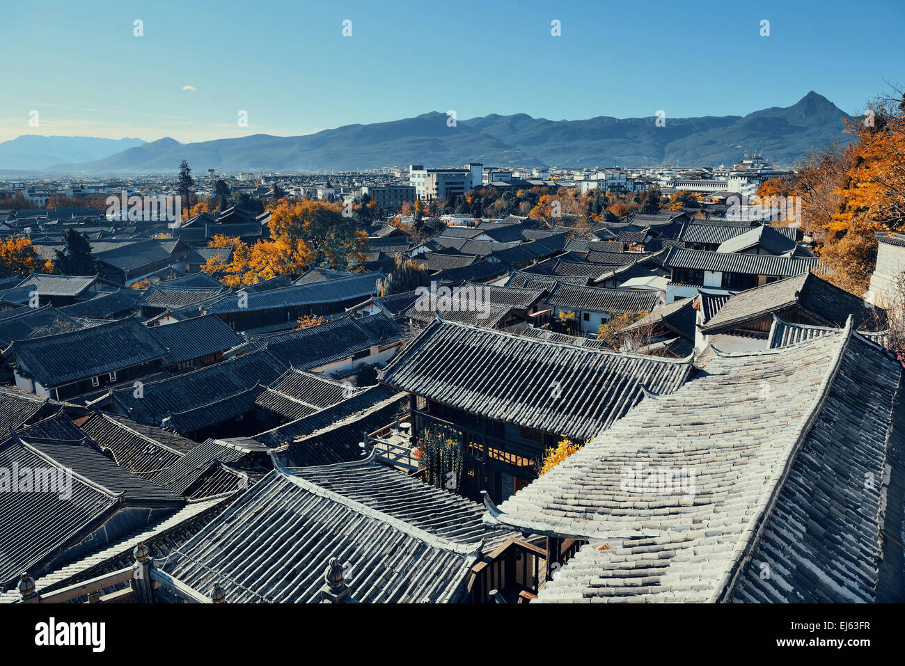 Lijiang Old Town mountain top view with local historical architectures ...