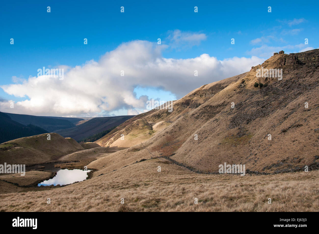 Lake below Alport castles, a natural landslip feature in the Peak ...