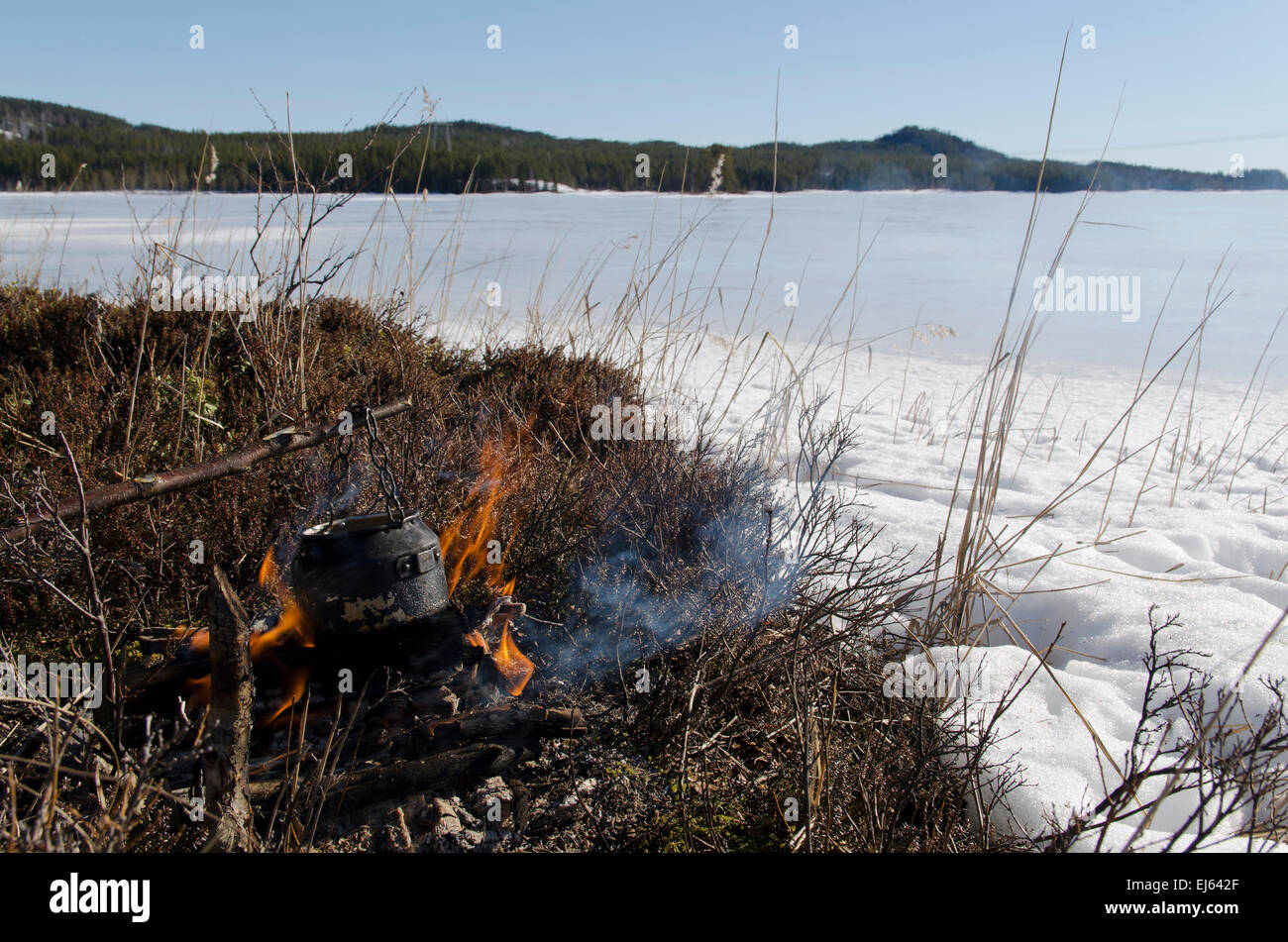 Making coffee over open fire out the nature in North of Sweden Stock ...