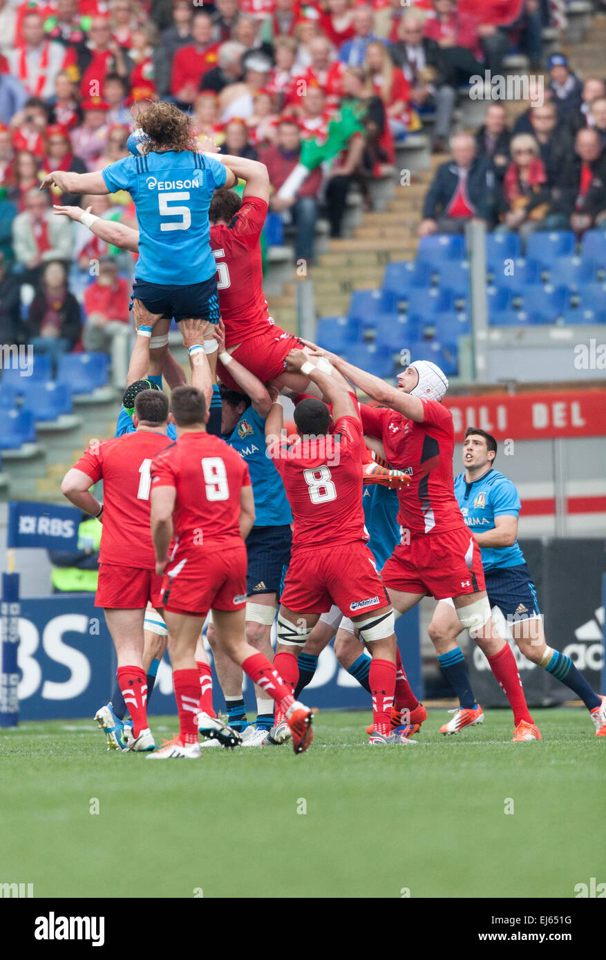 Rome, Italy. 21st Mar, 2015. Joshua Furno and Alun Wyn Jones flying ...