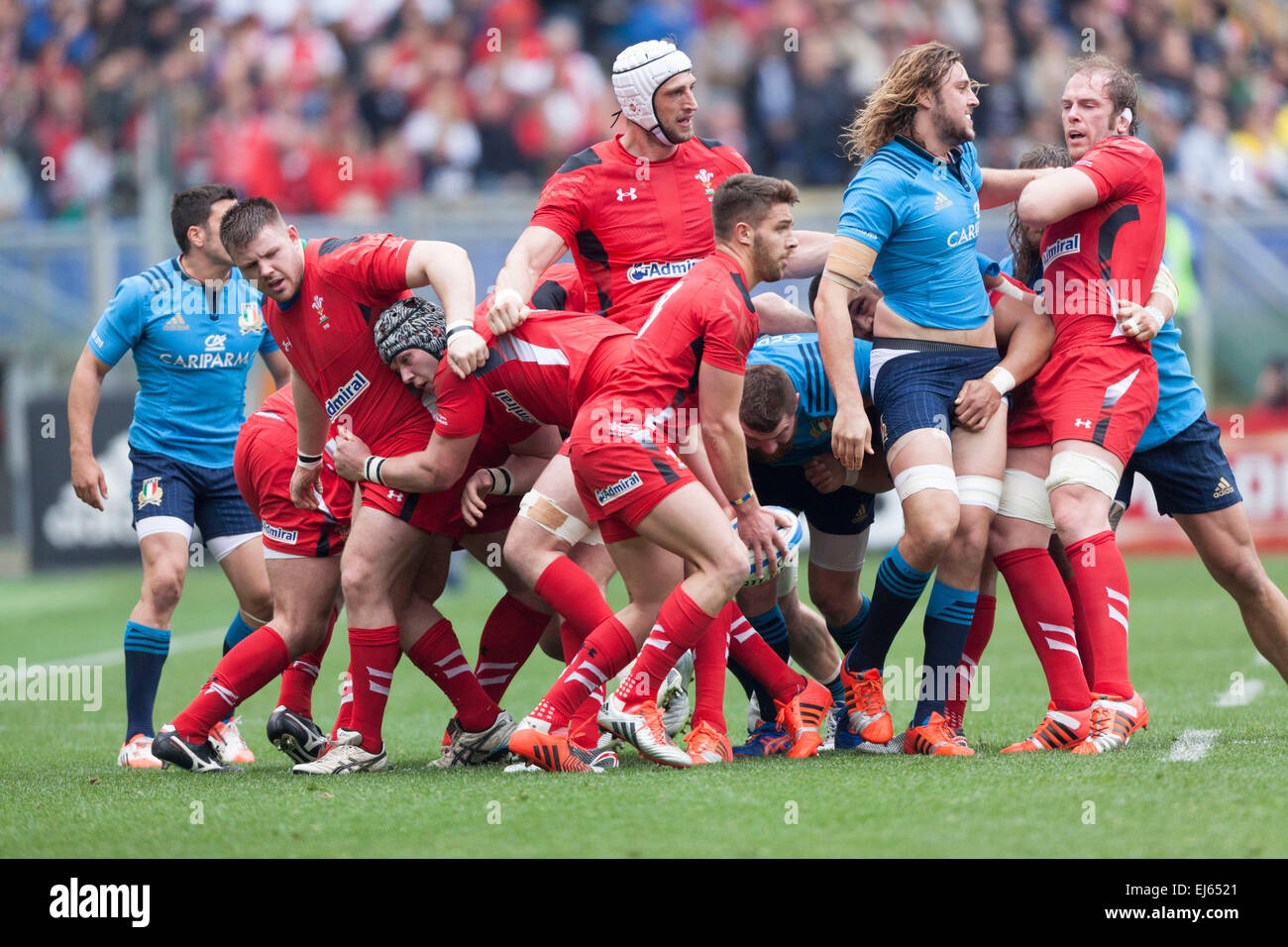 Rome, Italy. 21st Mar, 2015. Welsh scrum half Rhys Webb prepares to ...