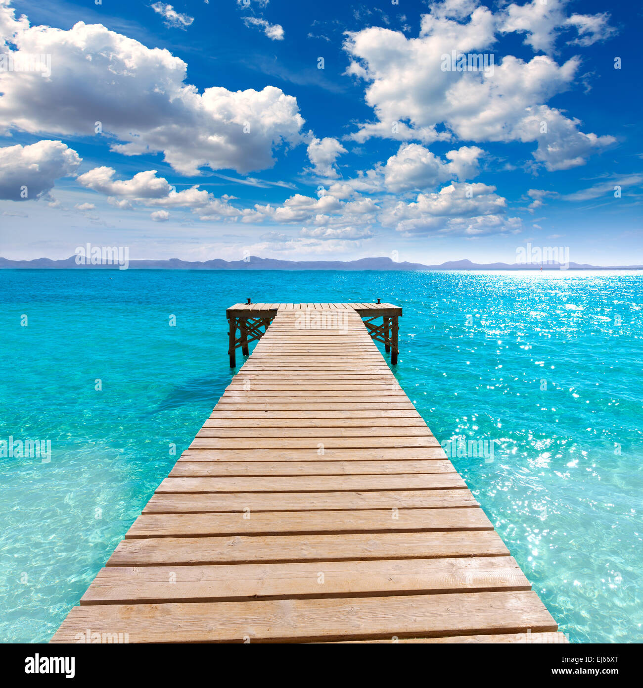 Platja de Alcudia beach pier in Mallorca Majorca at Balearic islands of ...