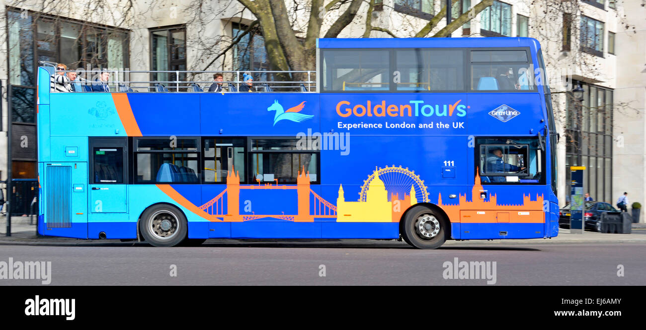Golden Tours open top London sightseeing tourism bus at Hyde Park ...