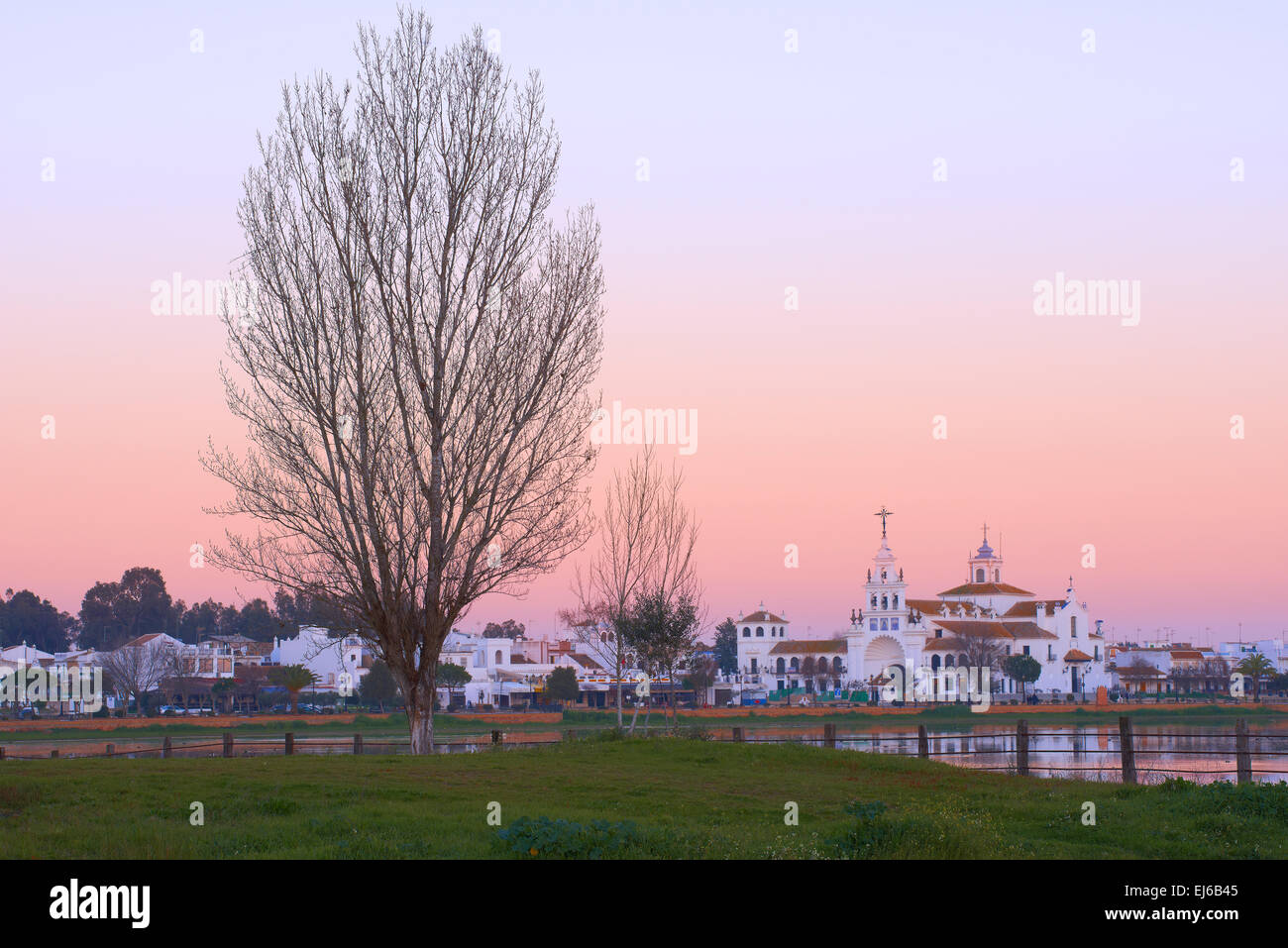 El Rocio village and Hermitage at Sunset, Almonte. El Rocio, El Rocío ...