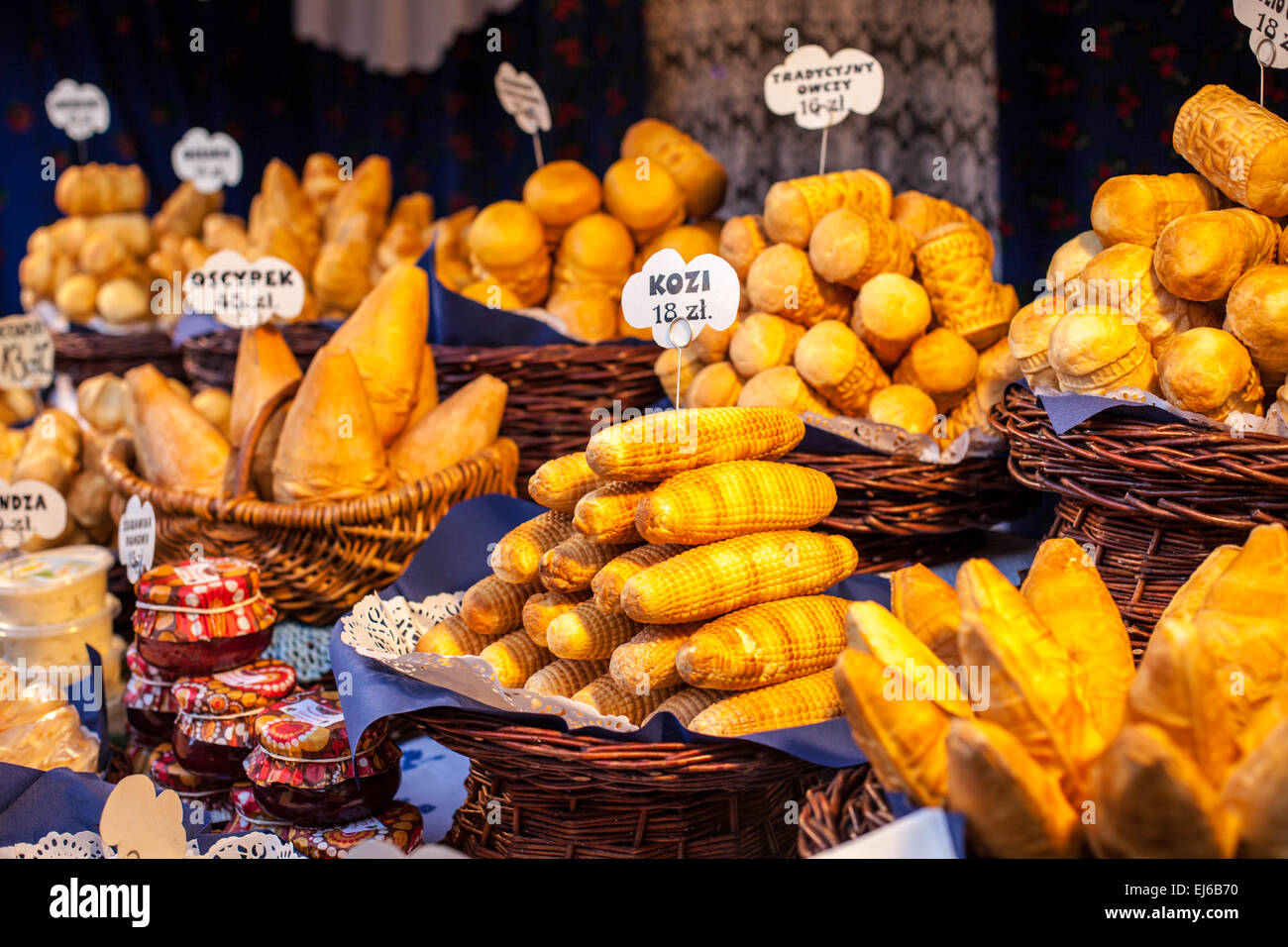 Traditional polish smoked cheese oscypek on outdoor market in Krakow ...