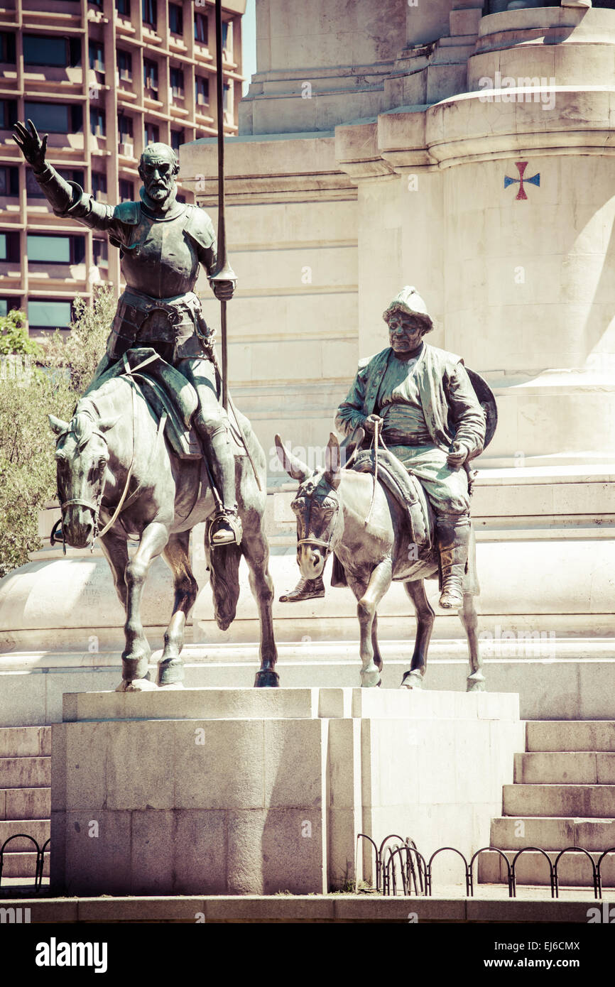 Madrid, Spain - monuments at Plaza de Espana. Famous fictional knight ...
