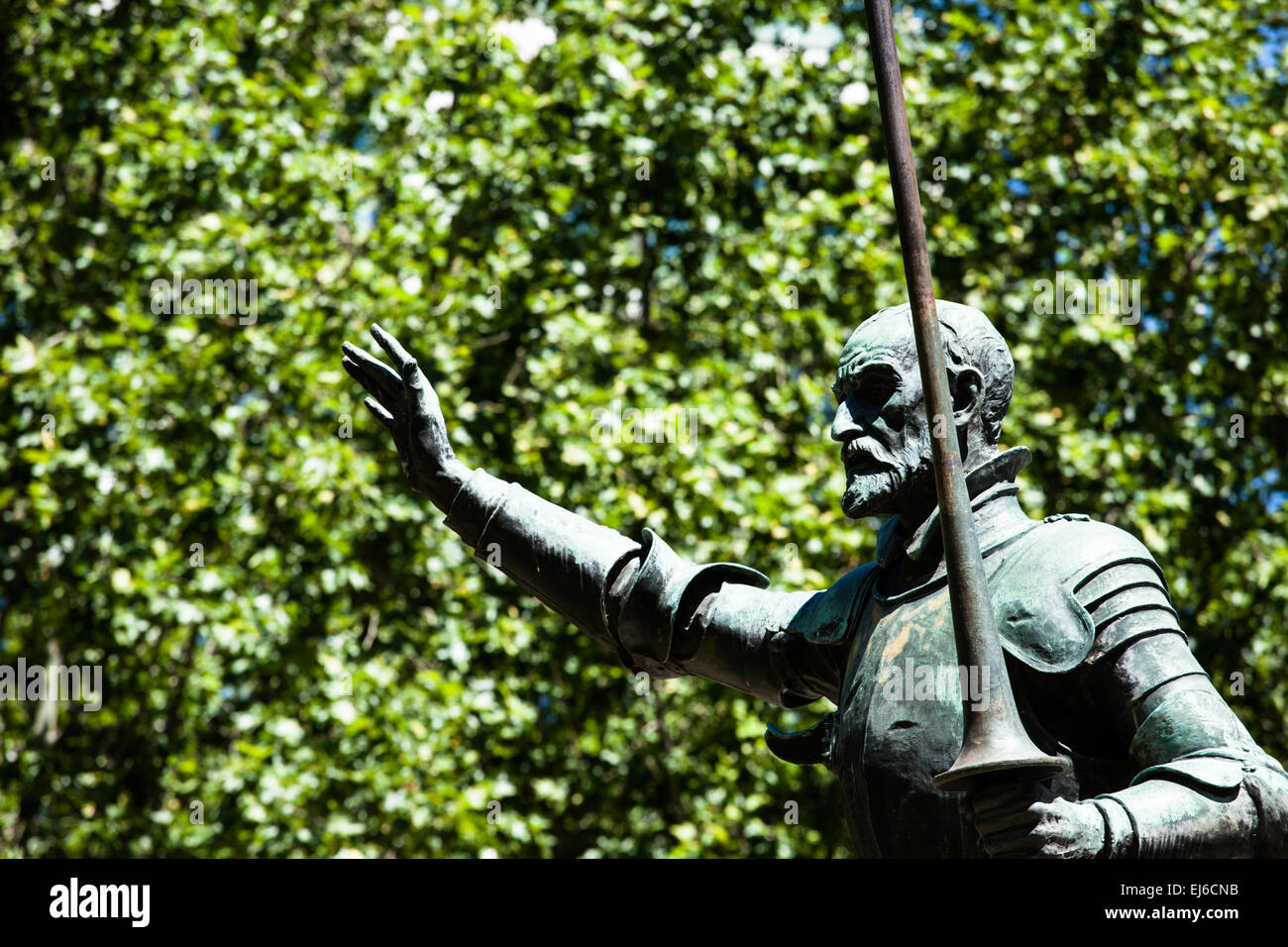 Madrid, Spain - monuments at Plaza de Espana. Famous fictional knight ...