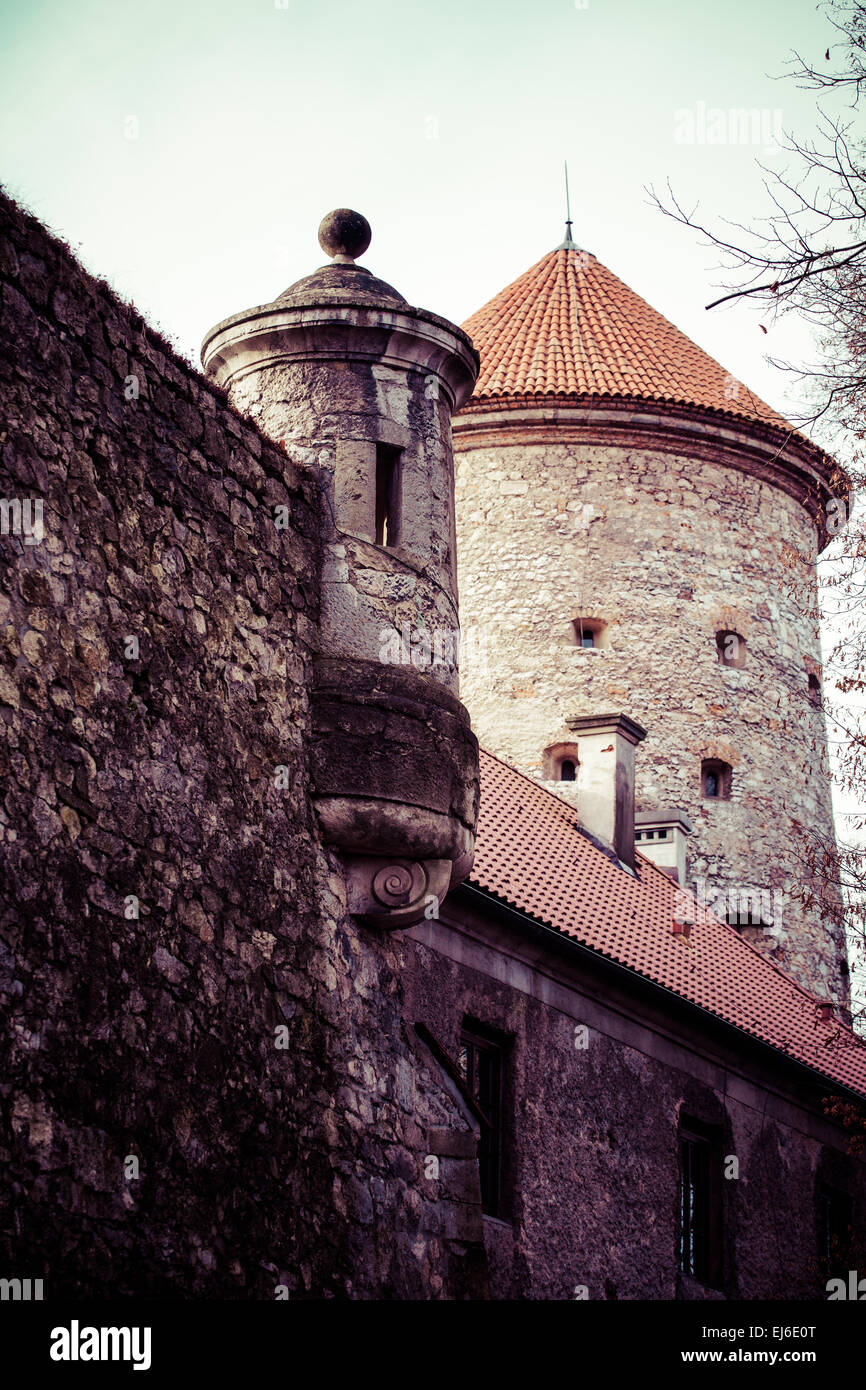 View of Pieskowa Skala Castle and garden, medieval building near Krakow ...