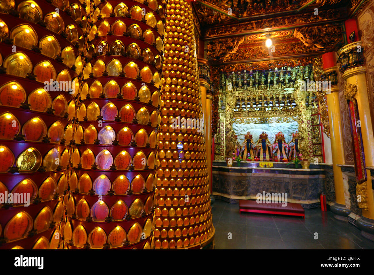 Altar with small Buddha statues at Anping Matsu Temple, dedicated to ...