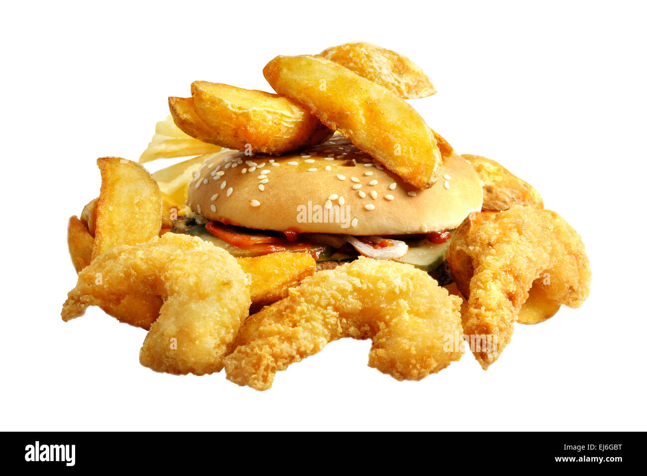 delicious fast food meal with potato and shrimp and burger on a white ...
