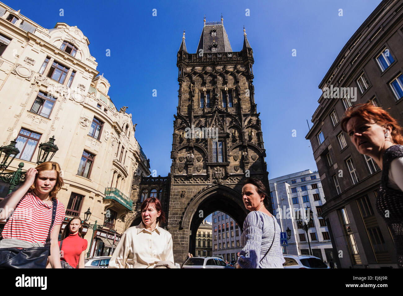 Powder Tower with people walking by. Prague, Czech Republic Stock Photo ...