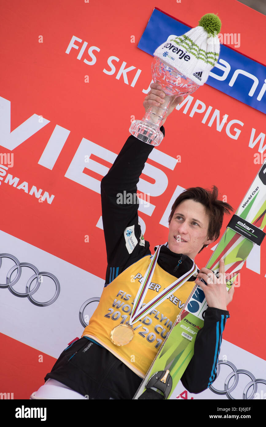 Peter Prevc of Slovenia on podium with Crystal Globe for overall ...