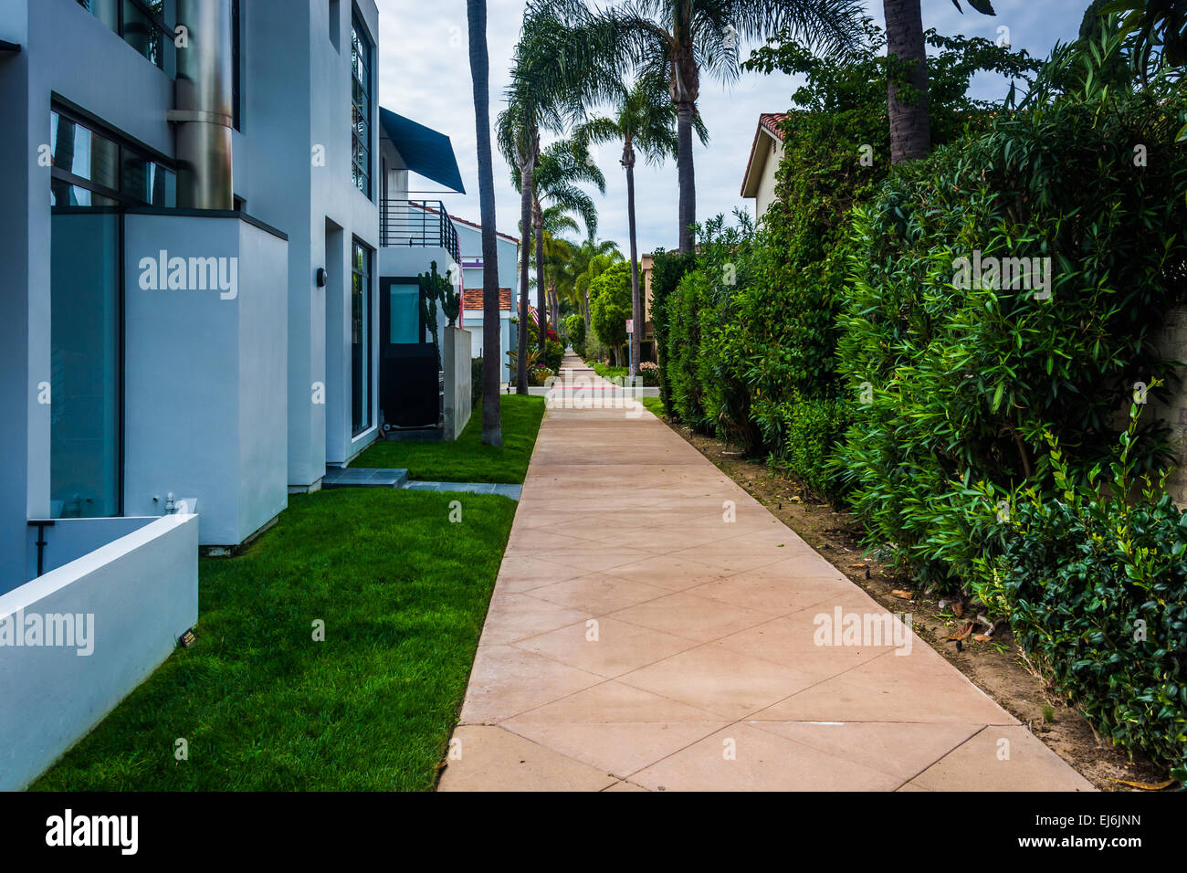 Gardens and houses along walkway, on Lido Isle, in Newport Beach ...