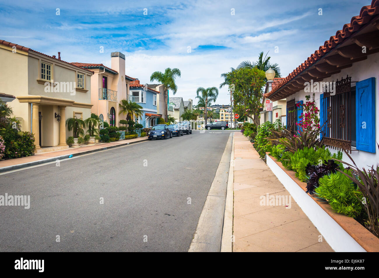 Houses along a street, on Lido Isle, in Newport Beach, California Stock ...