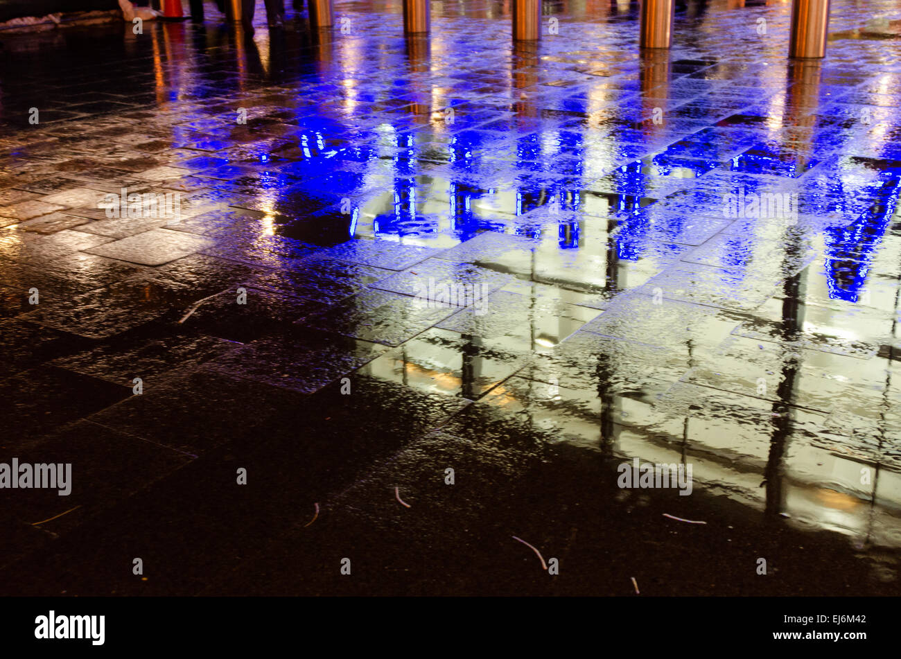 The neon sign of the Staten Island Ferry Terminal is reflected in the ...