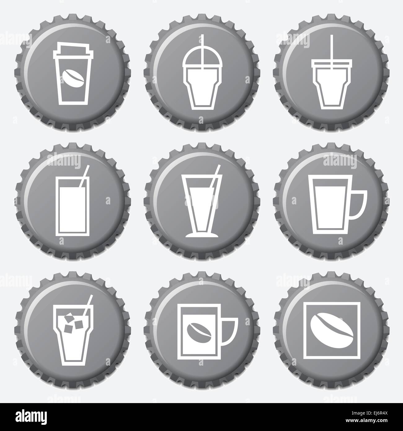 Coffee cup icon on bottle caps set, vector illustration Stock Vector ...